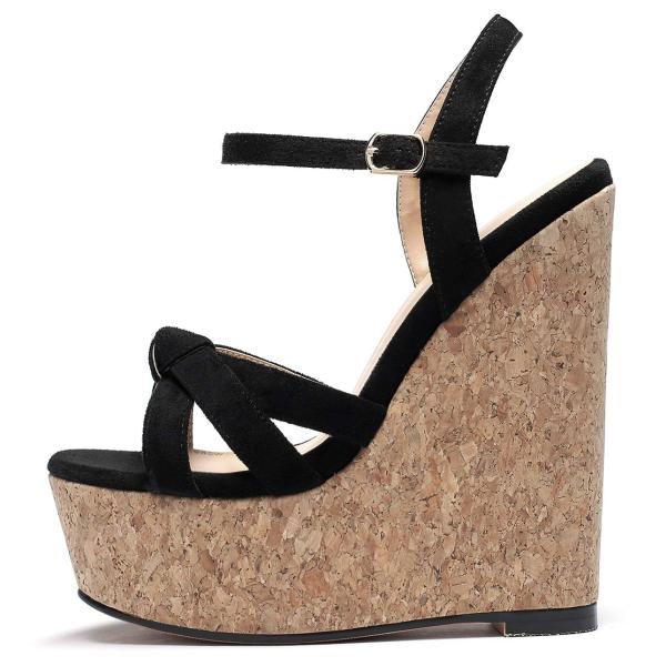 商品名: YODEKS レディース プラットフォーム ウェッジ ヒールサンダル ハイヒール ウェッジ ウォッデンヒール サンダル アンクルストリップ オープントゥ プラットフォーム ヒールサンダル, ブラックスエード, 14 YODEKS ...