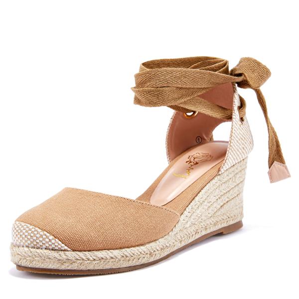商品名: Ruanyu レディース プラットフォーム エスパドリーユ サンダル レースアップ クローズトゥ サマーウェッジサンダル, 1-カーキ, 5.5 Womens Espadrille Wedge Sandals Lace Up Pl...
