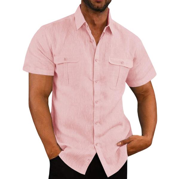 商品名:  Pengfei Mens Short Sleeve Shirts Linen Cotton Button Down Tees Spread Collar Plain Shirts, A-pink, Largeブランド: Peng...