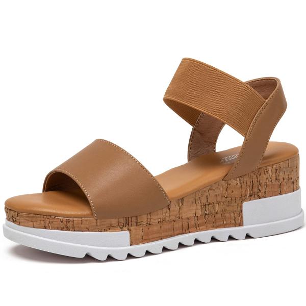 商品名: Katliu レディース ウェッジプラットフォームサンダル 伸縮性 アンクルストラップ コルクプラットフォームサンダル US サイズ: 24 カラー: ブラウン katliu Women's Wedge Platform Sand...