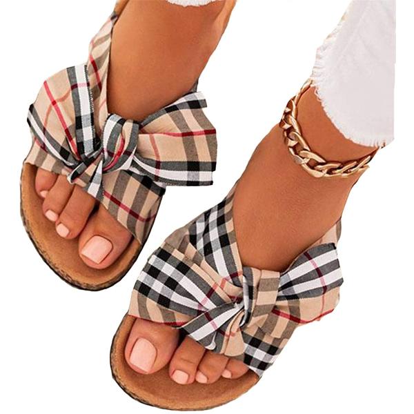 商品名:  LONG-M Women Sandals Suede Bowknot Summer Slippers Casual Open Toe Flat Sandals Women Comfortable Beach Slides,Kha...