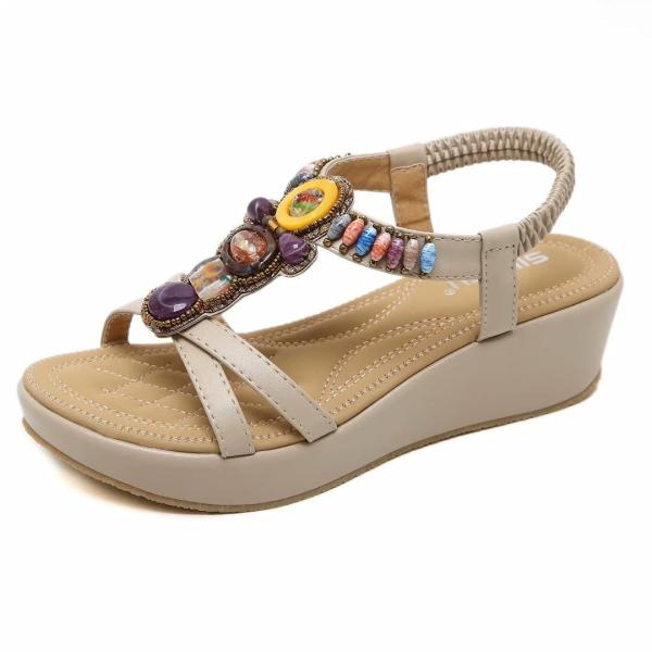 商品名:  Harberd Wedge Sandals for Women Casual Summer Bohemian Rhinestone Beaded Platform Sandals Cutout Open Toe Elastic ...