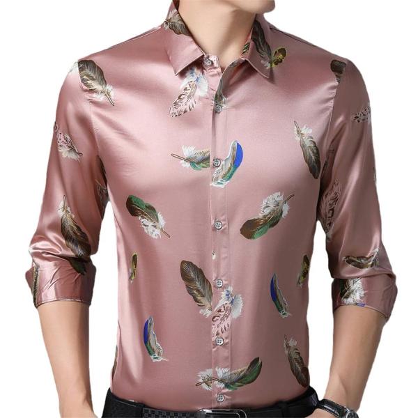 商品名:  Feather Print Blue Silk Satin Shirt Men Shirts Casual Smooth Male Tuxedo Shirt Pink Feather 4XLブランド: SGGS商品サイズ: 4X...