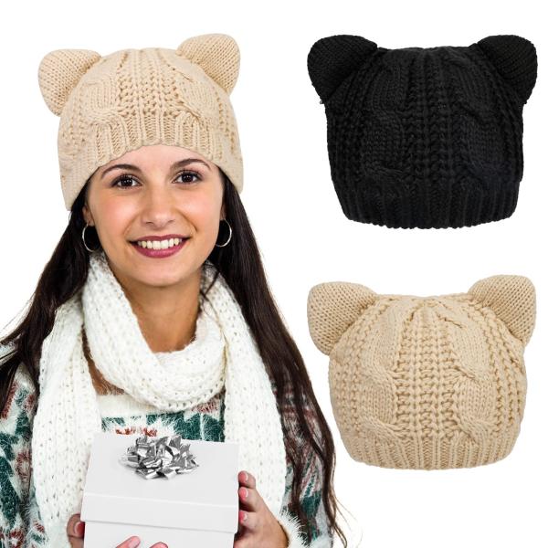 商品名:  2 Pieces Cat Ear Beanie Hats, Cute Cat Knitted Hat Winter Knit Cable Caps Headgear Crochet Hats for Women Girls (B...