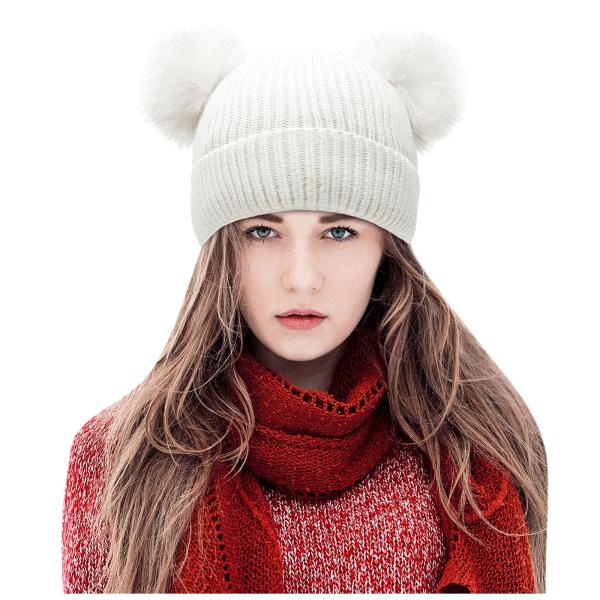 商品名:  Winter Double Pom Pom Beanie Hats Detachable Fur Ball Cute Cap Warm Soft Cable Knit Hat with Ears for Women (White...