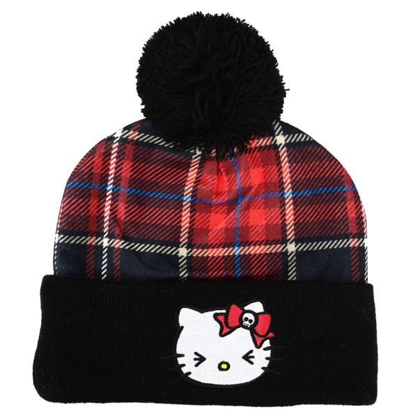 商品名: ハローキティ パンク マジック ジャカード 格子縞 クラウン ブラック Bioworld - Hello Kitty Punk Magic Jacquard Plaid Crown Embroidered Cuffed Knitt...