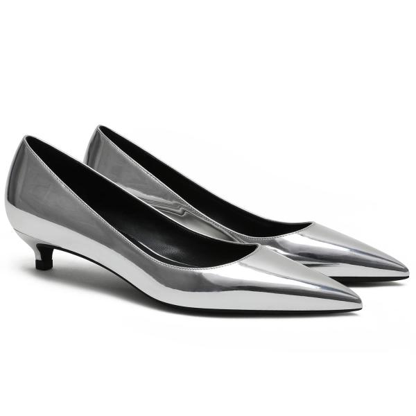 商品名:  MOOMMO Silver Low Kitten Heel Pumps for Women Pointed Toe Dress Shoes Patent Leather Slip On 1 Inch Low Heel Work ...