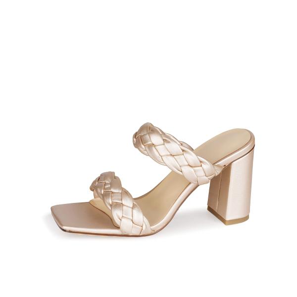 商品名: Goolita レディース 編み込み ダブルストラップ ヒールサンダル オープントゥ チャンキーブロックヒール バックレス スリップオン ストラップスライド, ゴールド, 7 Goolita Summer Women's Brai...