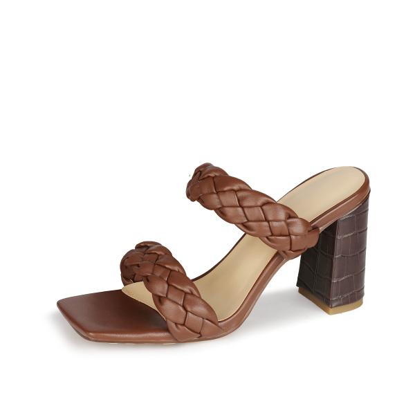 商品名: Goolita レディース 編み込み ダブルストラップ ヒールサンダル オープントゥ チャンキーブロックヒール バックレス スリップオン ストラップスライド, ブラウン, 24.5 Goolita Summer Women's B...