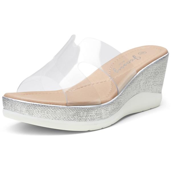 商品名: Jeossy レディース サンダル プラットフォーム ピープトウ ウェッジ ハイヒール スリッポンシューズ, スリップオン-825-クリア, 7 Jeossy Women's Sandals Clear Platform Peep...