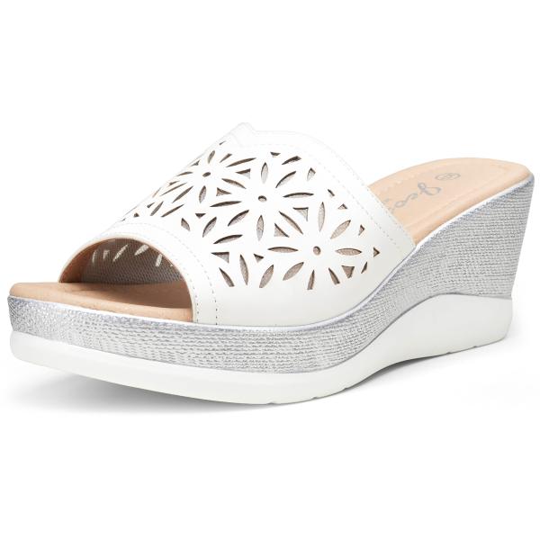 商品名:  Jeossy Women Platform Wedge Sandals White Cutout Open Toe Outdoor Summer Slip on Shoes for Women Size 8(DJY828 whi...