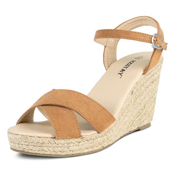 商品名: オープントゥ ジュートロープ ウェッジサンダル 女性用プラットフォーム サマーシューズ アンクルストラップ エスパドリーユウェッジヒールサンダル, タン, 10 HZSTAY Open toe jute rope wedge sa...