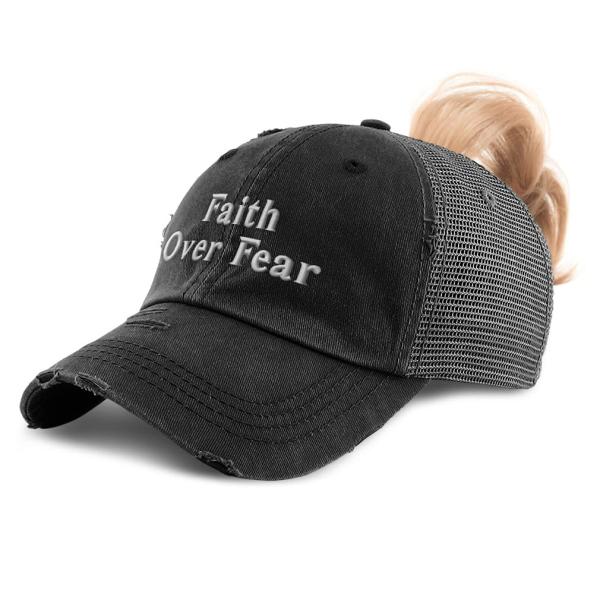 商品名:  Womens Ponytail Cap Faith over Fear Positive Cotton Distressed Trucker Hats Blackブランド: Speedy Pros商品サイズ: One Size商...