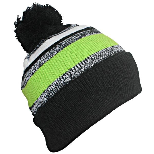 商品名:  Best Winter Hats Quality Variegated Stripe Solid Cuff Beanie W/Large Pom - Black/Lime Greenブランド: Best Winter Hats商...
