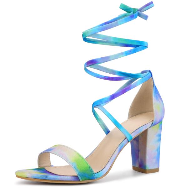 商品名: Allegra K レディース タイダイ レースアップ ストラップ チャンキーヒール サンダル, シアン, 6 Allegra K Women's Tie Dye Lace Up Heels Cyan Strappy Chunky...