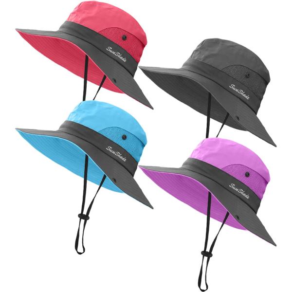 商品名: Paquete de 4 gorros de verano para mujer con protecci〓n UV, plegable, malla ancha, gorra de pesca para playa, Paque...