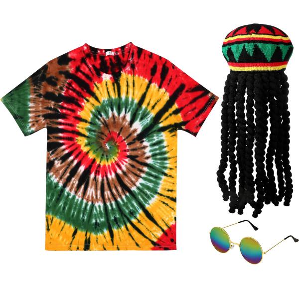 商品名:  Boyiee Rasta Music Costumes Kit, 3 Pcs, Reggae Hat with Black Dreadlocks, Tie Dye T Shirt, Sunglasses, Jamaican Co...