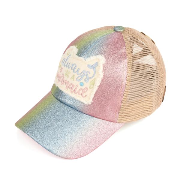 商品名:  C.C Kids Criss-Cross Elastic Band Distressed Embroidered Always Be a Mermaid Patch Ponytail Baseball Cap (KIDS-BT-...