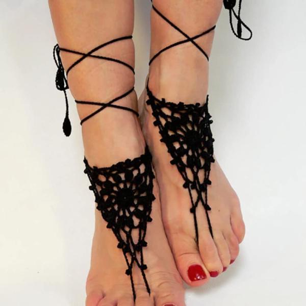 商品名: Asphire Beach クロシェット 裸足サンダル 2ピース ブライダル ウェディング アンクレット ヨガ ダンス フットアクセサリー バンデージ フットチェーン 女性用 ガールズ (ブラック) Asphire Beach C...