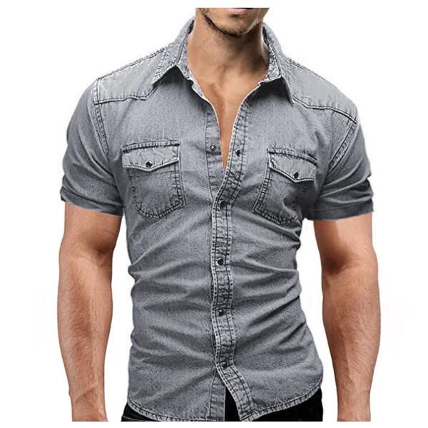 商品名:  Denim Shirt for Men Classic Slim Fit Short Sleeve Button Up Snap Work Shirts Casual Washed Western Cowboy Jean (Gr...