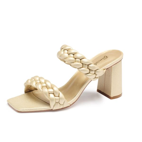 商品名: GENSHUO レディース Squere オープントゥヒール 編み込み 2ストラップ ローブロック チャンキーヒールサンダル, ゴールド, 24 GENSHUO Women Squere Open Toe Heels Braide...