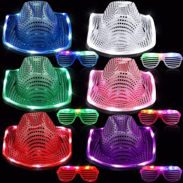 商品名:  Maitys 12 Pieces Space Cowgirl Hat and LED Glasses Set Glow in the Dark LED Cowboy Hat Shutter Shades Light up Gla...
