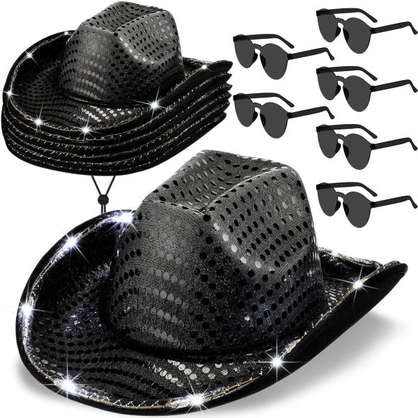 商品名:  Zhanmai 6 Set LED Cowboy Hat Light Up Glitter Cowboy Hat with Sunglasses Sequin Space Cowgirl Hat for Women Men Co...