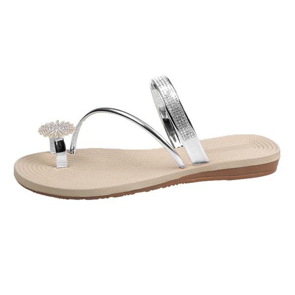 商品名:  Silver 9 Flat Sandals toe Ring Slide toe Loop Falt Pearl Thong Elastic Band One toe Slip On Womens Casual Sandalsブ...