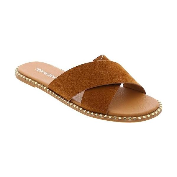 商品名: レディース オープントゥ フラットファッションサンダル, タン Pu-22, 9 TOP Moda Women's Open Toe Flat Slide Slip On Sandals, Clear Gateth-22 Tan ...
