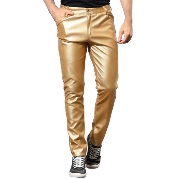 商品名:  Lars Amadeus Men's Metallic Pants Slim Fit Night Club Disco Shiny Faux Leather Pants 38 Goldenブランド: Lars Amadeus商品...
