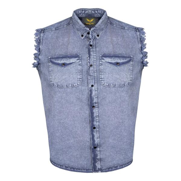 商品名:  Mens Light &amp; Dark Blue Cotton Stonewash Sleeveless Cut Off Denim Shirt Frayed Sleeves (Light Blue, 2XL)ブランド: G...