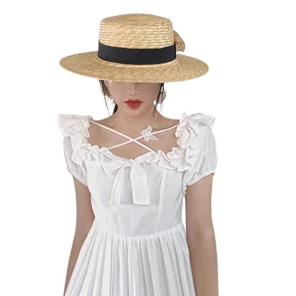 商品名:  Summer Female Natural Stiff Wheat Straw Boater Fedora Top Flat Hat Women Beach Brim Cap Raffia Sun Hat for Women J...