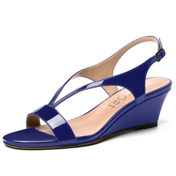 商品名: MERRORI レディース ウェッジサンダル ソリッドバックル パーティー スリングバック パテント カジュアル オープントゥ ウェッジ ローヒール ウェッジサンダル 2インチ, ロイヤルブルー, 24.5 MERRORI Wom...