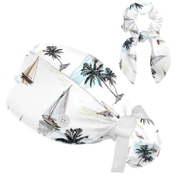 商品名:  Adjustable Coconut Palm Trees Sailboat Summer Beach Scrub Cap, Working Hat Hair Cover with Ponytail Pouch, Soft Bo...