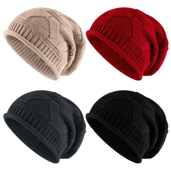 商品名:  Ibeauti 4 Pack Slouchy Beanie Hat Knitted Pattern Winter Baggy Skull Cap for Women Teen Girls (Black/Wine/Beige/Da...