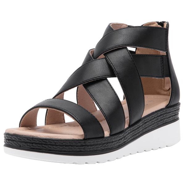 商品名: Jeossy レディース 866 プラットフォームサンダル ウェッジサンダル ストラップサンダル サマーサンダル レディース ジッパー付き, プラットフォーム サマーサンダル-866-ブラック PU, 24 Jeossy Wome...
