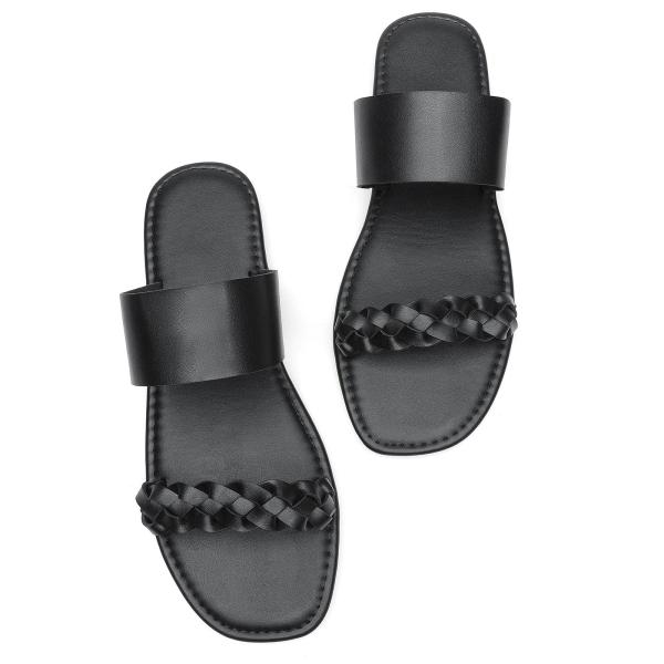 商品名: KATLIU レディース 編組スライドサンダル 2ストラップフラットサンダル スクエアトゥ, ブラック, 6 katliu Women's Flat Sandals Two Strap Slide Sandals Open Toe...