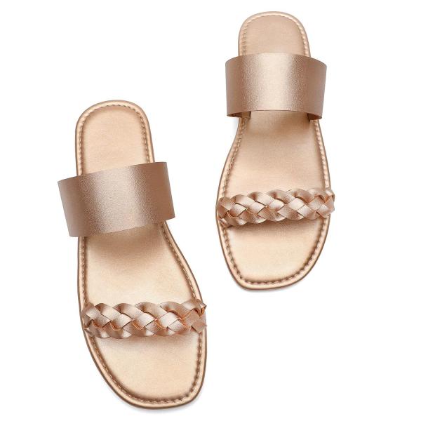 商品名: KATLIU レディース 編組スライドサンダル 2ストラップフラットサンダル スクエアトゥ, ゴールド, 24 katliu Women's Flat Sandals Two Strap Slide Sandals Open To...