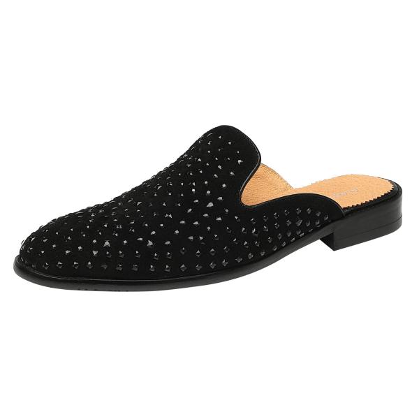 商品名:  ELANROMAN Mens Slip on Mules Fashion Drilling Rhinestones Low Heel Flats Suede Leather Loafers Shoes Black US 11ブラ...