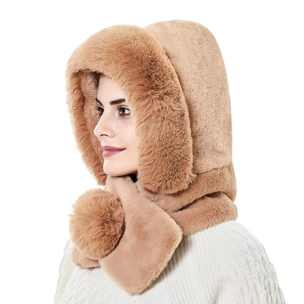 商品名:  Winter Faux Fur Hooded Hat Scarf for Women One Piece Warm Fluffy Beanie Neck Warmer with Pom Buttoned Windproof Sk...