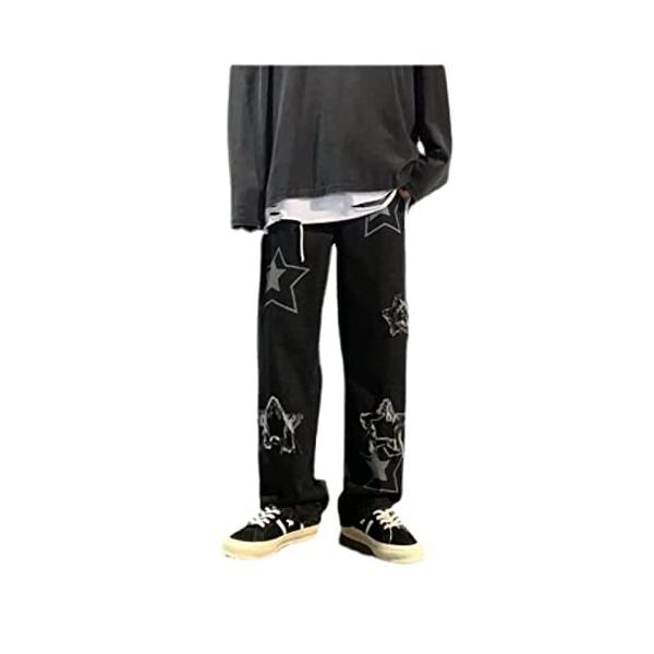 商品名:  Vintage Men's Korean Denim Pants Y2K Cltohes Streetwear Printed Patchwork Male Baggy Jeans Straight Trousers (Blac...