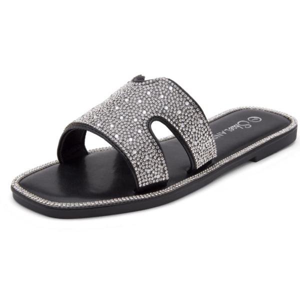 商品名:  Herstyle Showstopper Womens Flat Sandals Fashion Rhinestone Slides Black Gold Silver Dressy Flat Sandals Open Toe ...