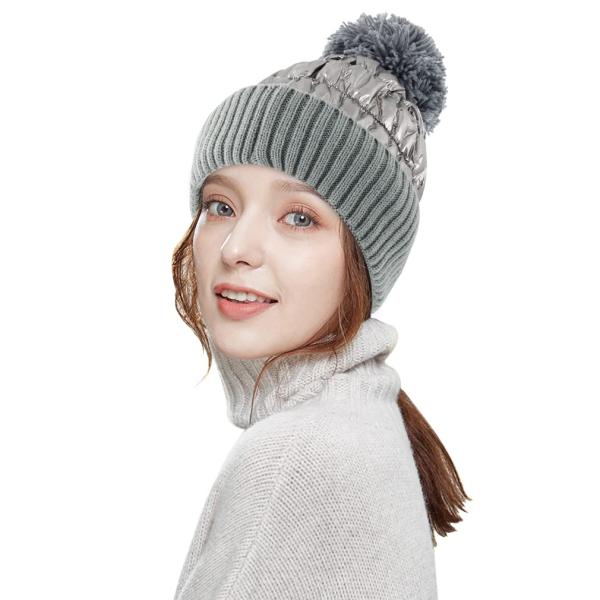 商品名:  DOCILA Winter Thick Down Beanie with Pom Pom for Women Silver Grey Fleece Lining Knit Skull Hat Quilted Plaid Cuff...