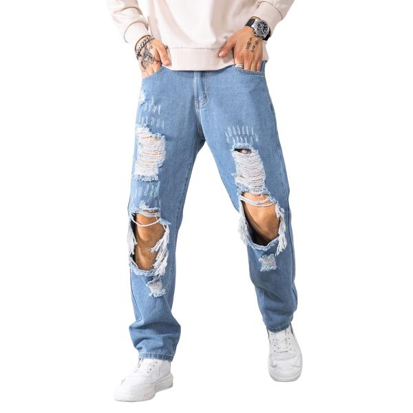 商品名:  WDIRARA Men's Cut Out Ripped Frayed Zipper Fly Long Straight Leg Denim Jeans Light Wash Lブランド: WDIRARA商品サイズ: Large...