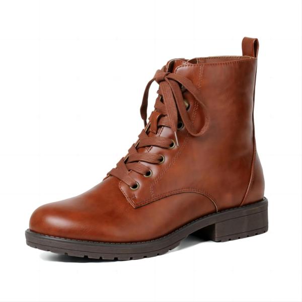 商品名:  LISYIIZ Womens Clasical Lace-Up Zipper Round Toe Soft Insole Breathable Lining Flat Brown Ankle Combat Boots - 8 M...