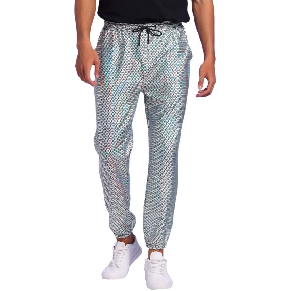 商品名:  Lars Amadeus Sparkly Metallic Pants for Men's Drawstring Waist Nightclub Disco Shiny Sequin Joggers 28 Silverブランド:...