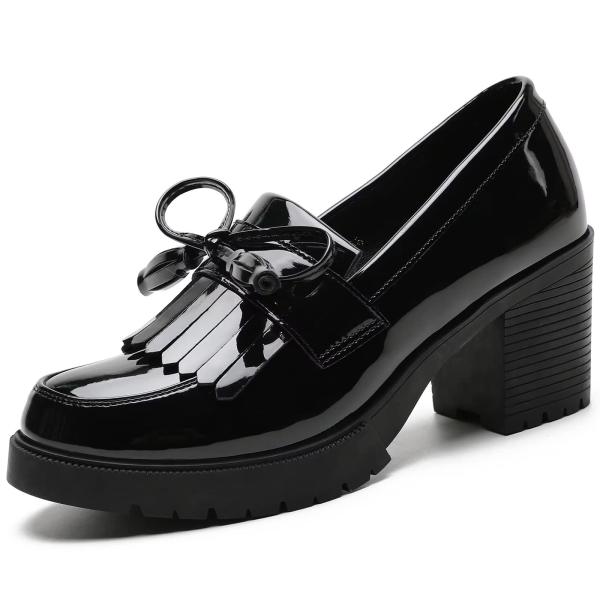 商品名:  Women's Fashion Mid Heeled Loafers,Tassel Patent Leather Loafers,Black Platform Loafers,High Heeled Work Loafers,V...