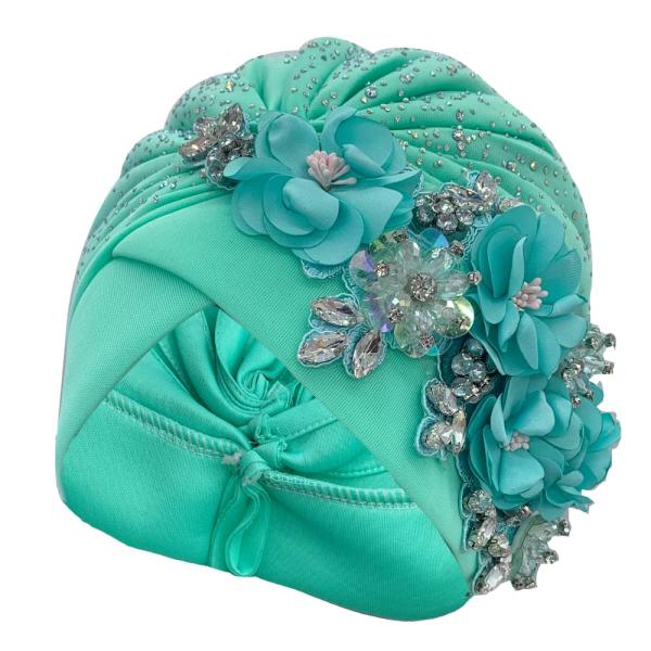 商品名:  Luxurious African Women's Turban Cap Decorated with Rhinestone Bouquets Pleated Head Wraps Female Shinny Muslim Bo...