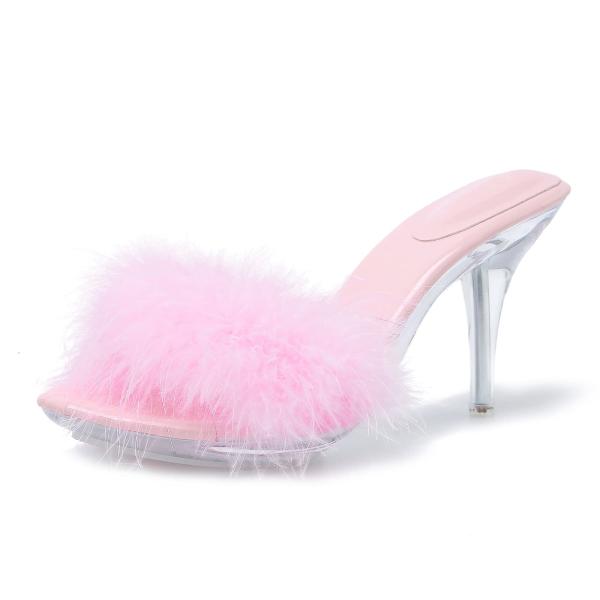 商品名:  Women's Fuzzy Slippers Clear Heels Pointed Toe Stilettos Heels Mules Sandals Fluffy Feather Slip On High Heeled Pa...
