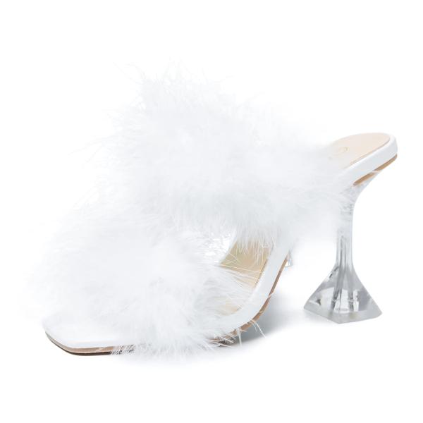 商品名: レディース スクエアトゥ ファジーヒール ハイクリアヒール ミュールサンダル ふわふわフェザー バンド スリッパ パーティー プロム ドレス シューズ, ホワイト, 12 Women's Square Toe Fuzzy Heel...